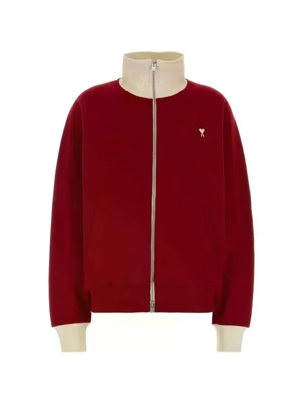 AMI Paris Zipped Cotton Sweatshirt With De Coeur - Red