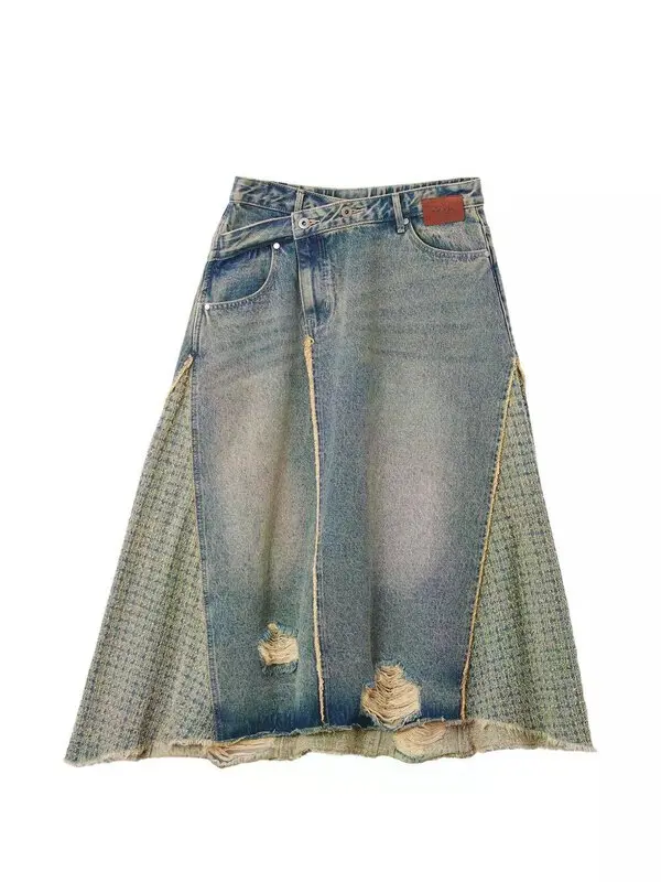 MUSIUM DIV. Patchwork Distressed-finish Midi Skirt - Blue