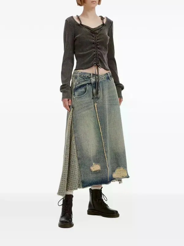 MUSIUM DIV. Patchwork Distressed-finish Midi Skirt