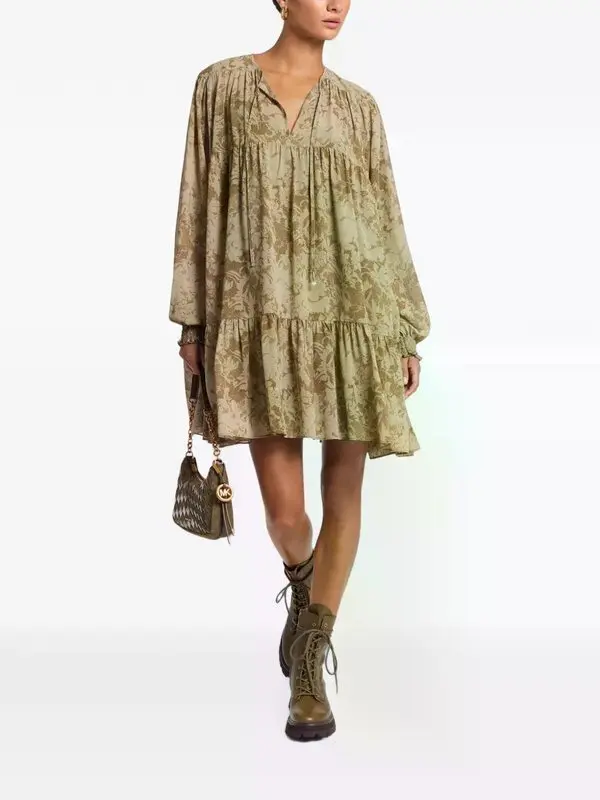 Michael Kors Floral Georgette Tiered Dress With Balloon Sleeves - Neutrals