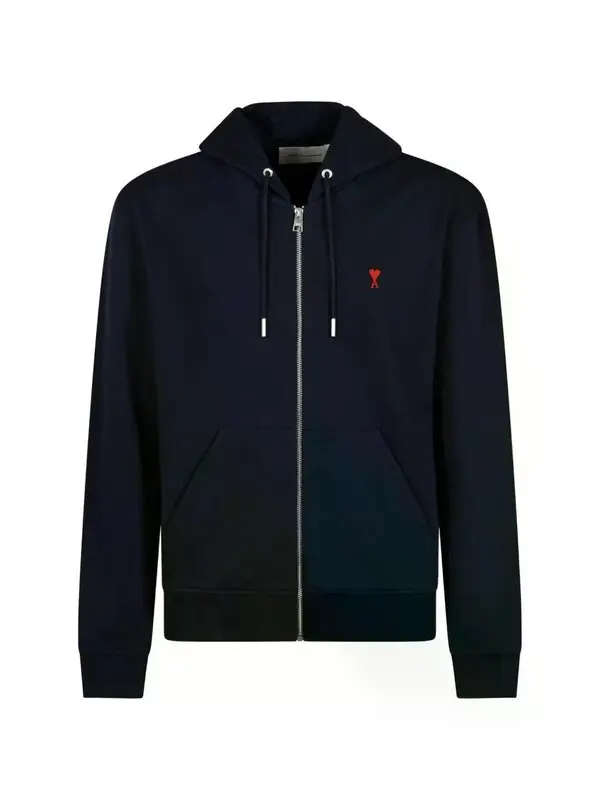 AMI Paris Zipped Cotton Hoodie With De Coeur - Blue