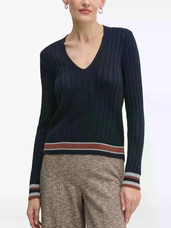 BENETTON Ribbed V-neck Sweater - Blue