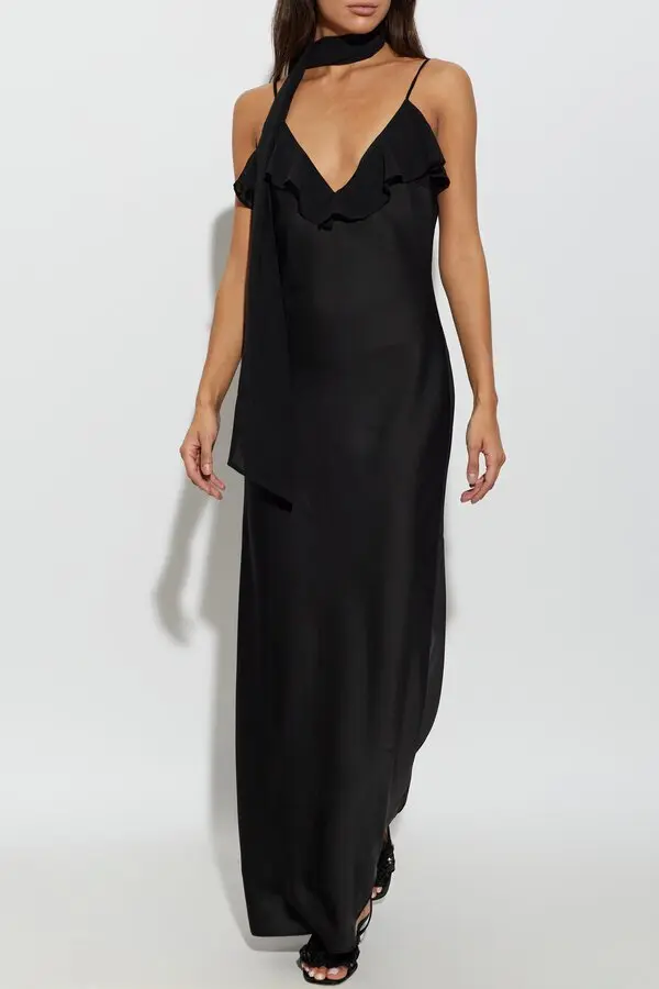 ROTATE BY BIRGER CHRISTENSEN Satin Maxi Dress With Ruffle And Scarf Detail - Black