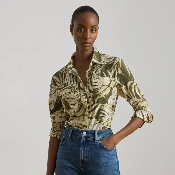 Ralph Lauren Palm-frond Print Stretch Jersey Button-up Shirt - Olive Multi