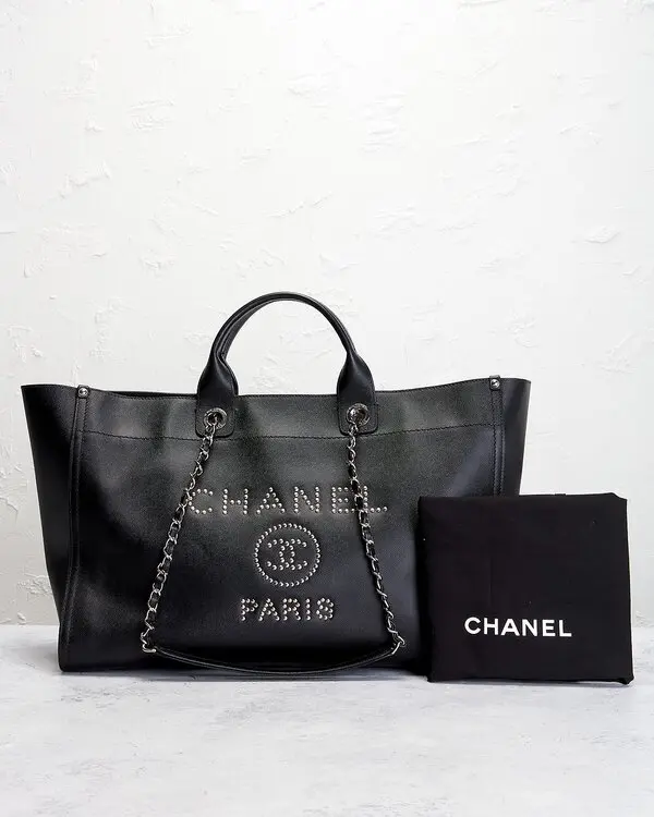 FWRD RENEW Chanel Studded Caviar Large Deauville Tote Bag - Black