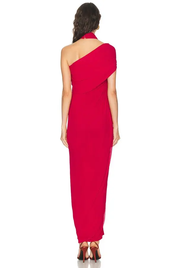 Balmain Cross Neck Crepe Draped Maxi Dress - Rouge