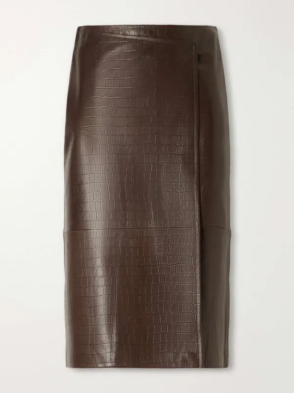 Nour Hammour Origami Croc-effect Leather Midi Wrap Skirt - Dark Brown