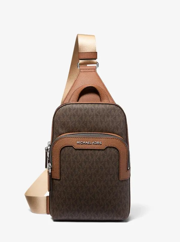 Michael Kors Hudson Medium Signature Logo Double-zip Sling Bag - Brown