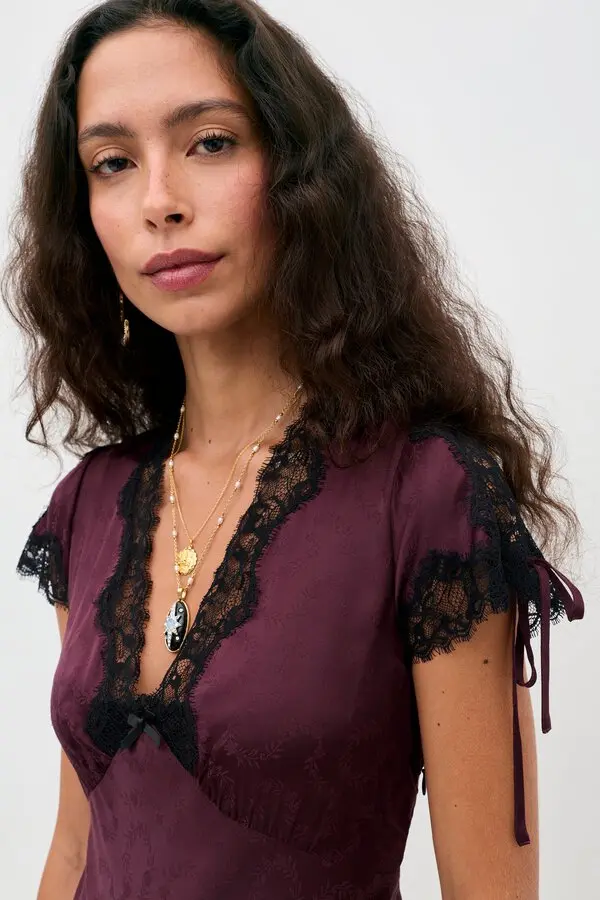 Rixo Fern Floral Jacquard Wine Dress