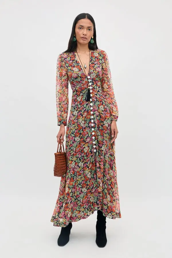 Rixo Avalyn Vintage Floral Maxi Dress - Navy