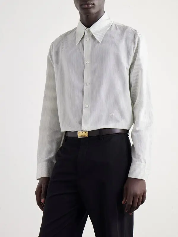 Bottega Veneta Classic-collar Logo-embroidered Striped Cotton-poplin Shirt
