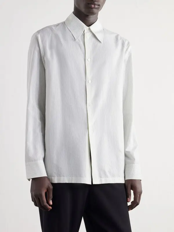 Bottega Veneta Classic-collar Logo-embroidered Striped Cotton-poplin Shirt