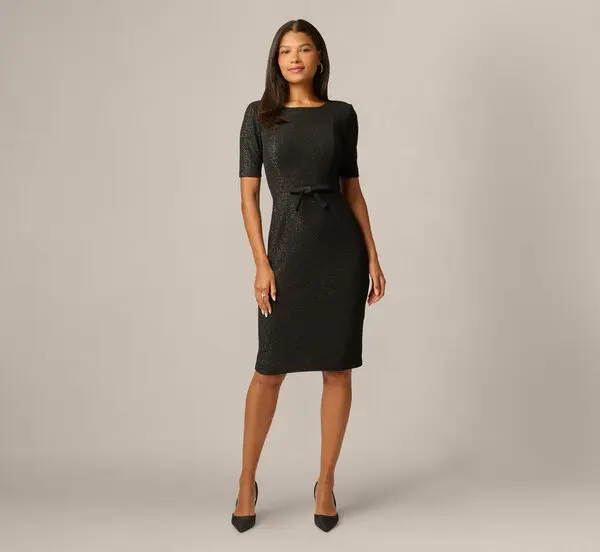 Adrianna Papell Short Sleeve Stretch Shimmer Knit Bow Waist Sheath Dress - Black