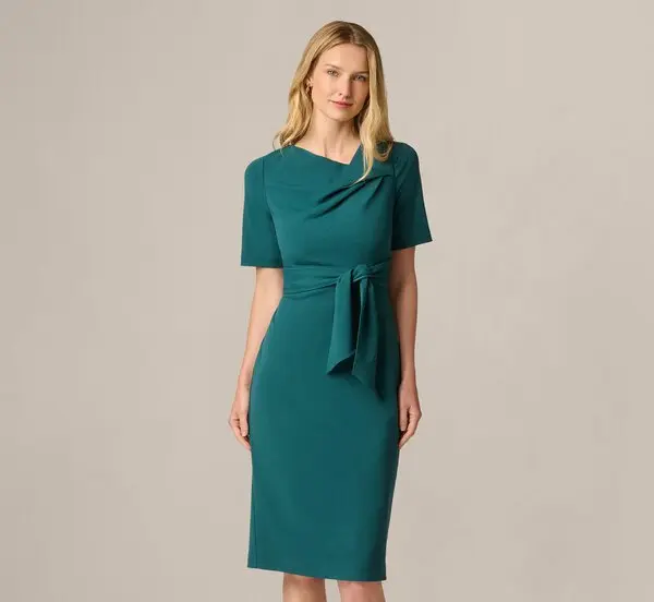 Adrianna Papell Short Sleeve Asymmetrical Tie Front Stretch Sheath Dress - Hunter