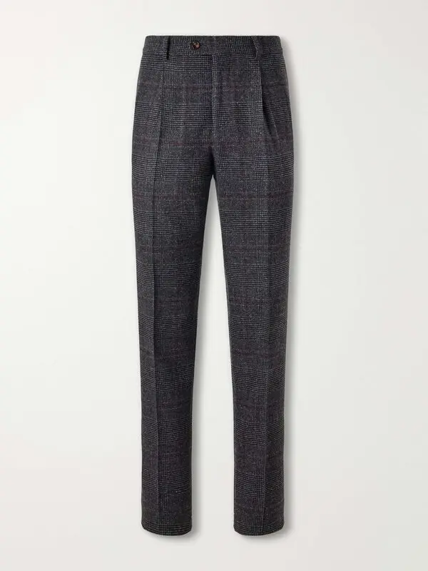 Brunello Cucinelli Lesire Straight-leg Pleated Checked Silk, Wool And Cashmere-blend Suit Trousers - Brown