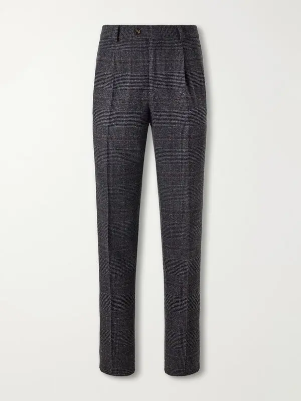 Brunello Cucinelli Pleated Checked Silk, Wool And Cashmere-blend Suit Trousers - Brown
