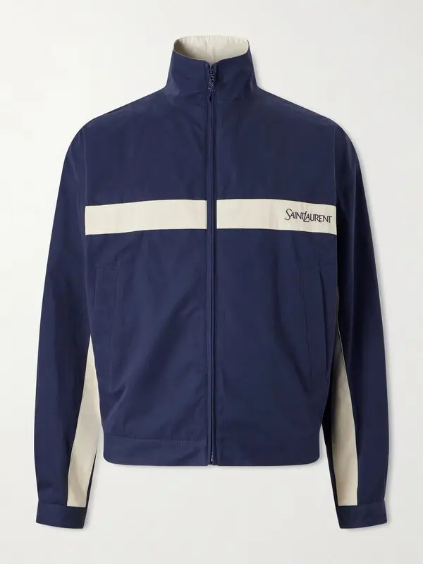 Saint Laurent Paneled Logo Embroidered Cotton Jacket - Blue