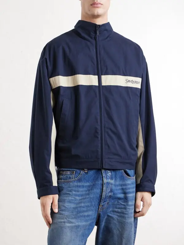 Saint Laurent Paneled Logo Embroidered Cotton Jacket - Blue