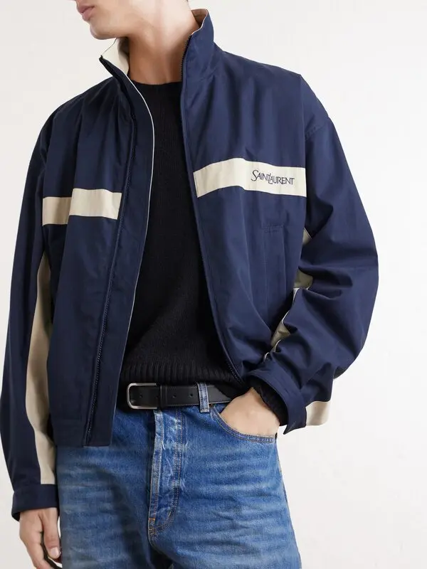 Saint Laurent Paneled Logo Embroidered Cotton Jacket - Blue