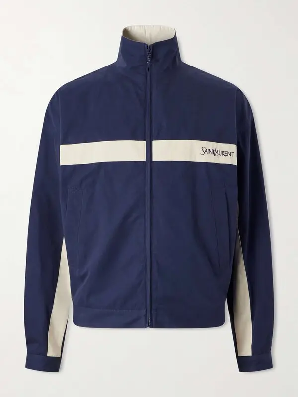 Saint Laurent Paneled Logo Embroidered Cotton Jacket - Navy