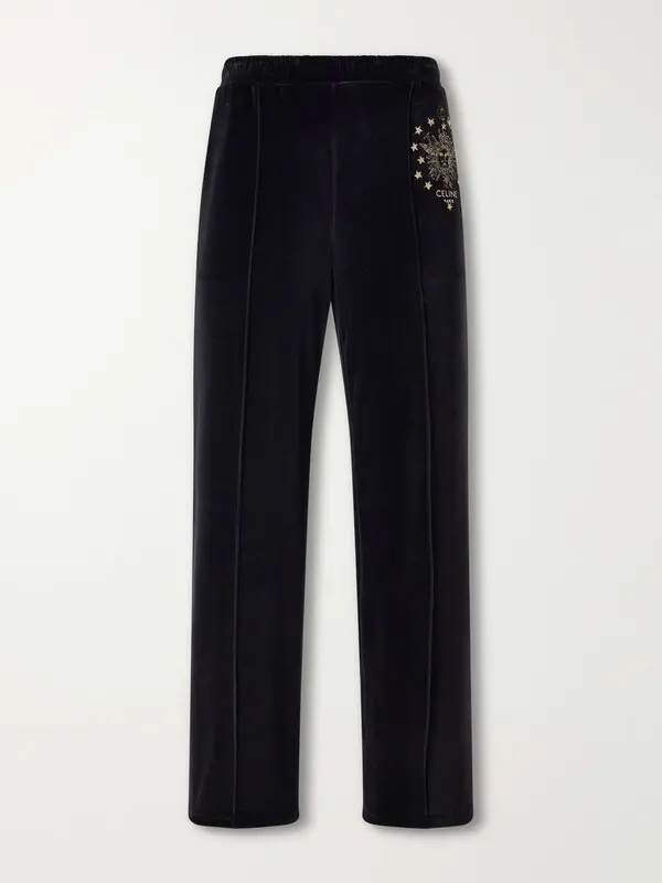 Celine Straight-leg Logo-embroidered Cotton-blend Velvet Sweatpants - Black