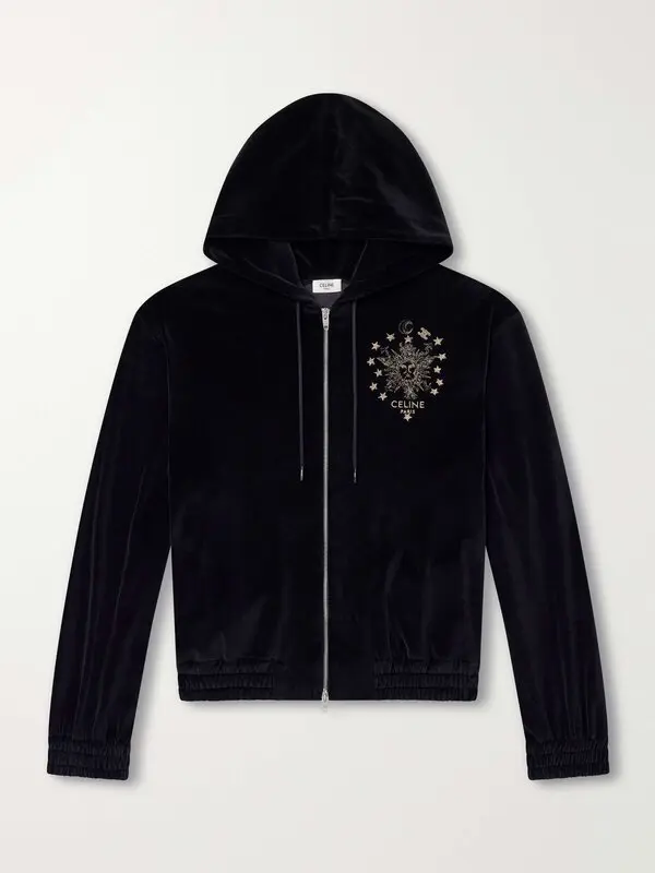 Celine Logo-embroidered Cotton-blend Velvet Zip-up Hoodie - Black