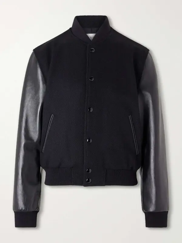 Celine Teddy Leather-trimmed Wool-blend Bomber Jacket - Black