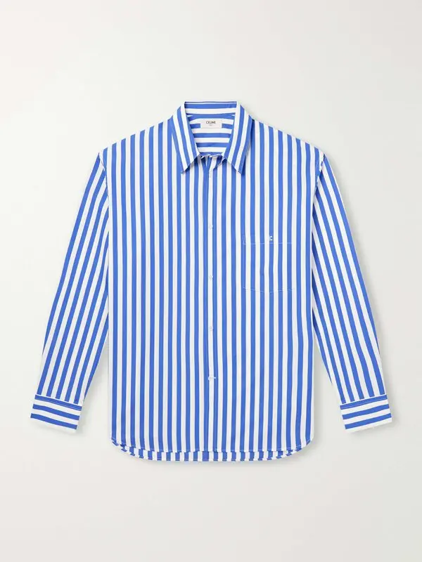 Celine Triomphe-embroidered Striped Cotton-poplin Shirt - Blue