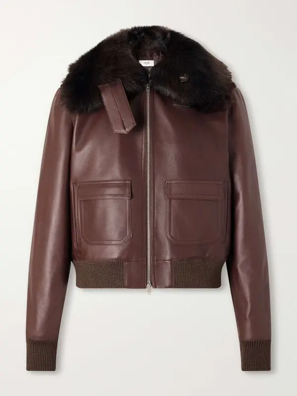 Celine Shearling-trimmed Leather Jacket - Brown