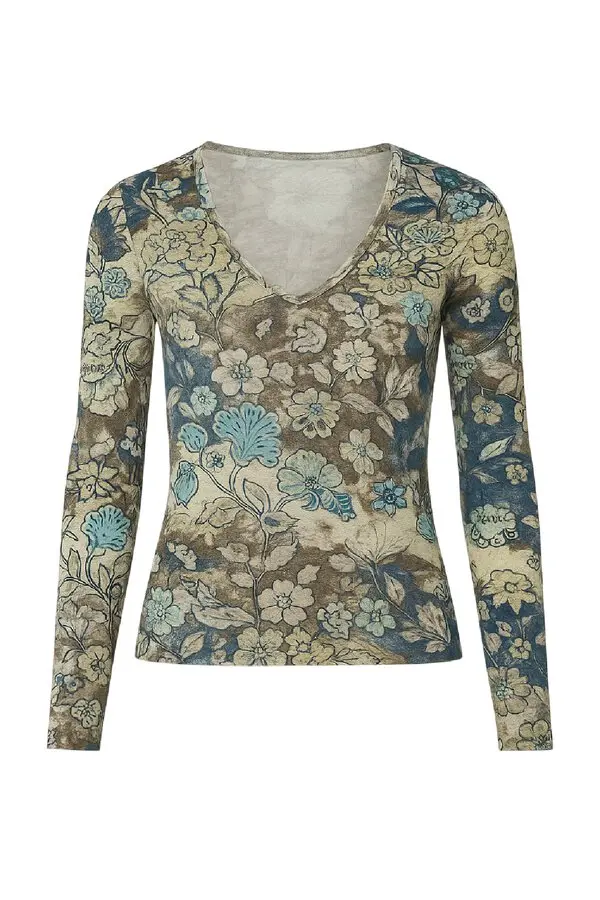 CONQUISTA Floral Print V-neck Long-sleeve Top - Blue