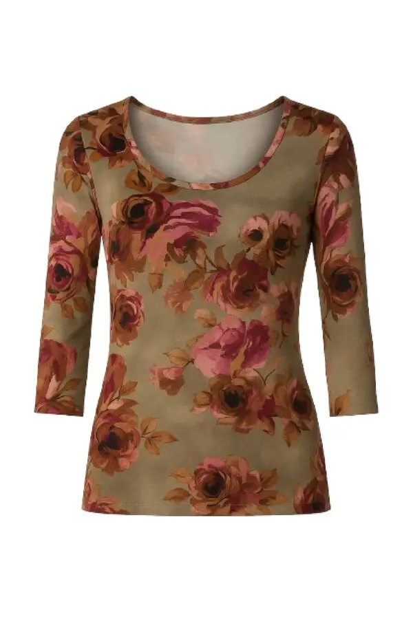 CONQUISTA Floral Print Scoop-neck 3/4 Sleeve Top - Brown