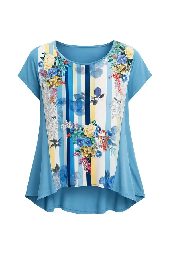 CONQUISTA Floral Stripe Flared Top — Light, Vibrant & Perfect For Effortless Summer Style - Blue