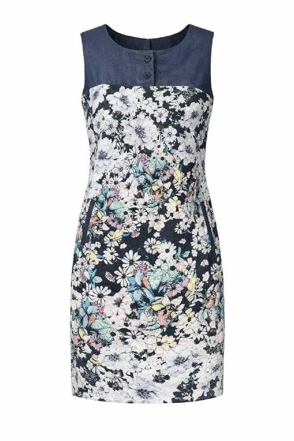 CONQUISTA Sleeveless Floral Print Dress With Contrast Yoke - Blue