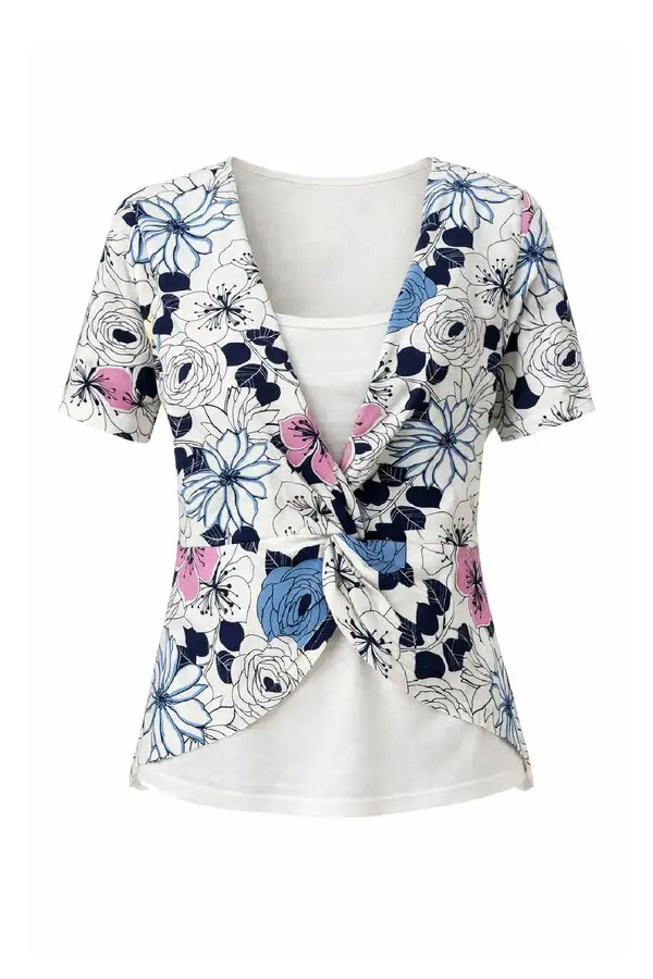 CONQUISTA Floral Twist-front Short Sleeve Top - Blue