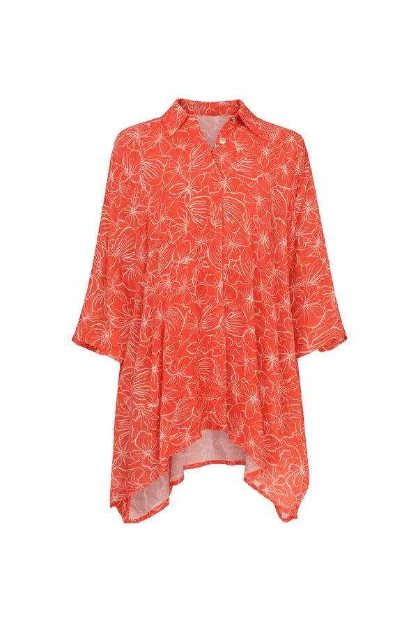 CONQUISTA Floral Print Shirt With Asymmetric Hem - Orange