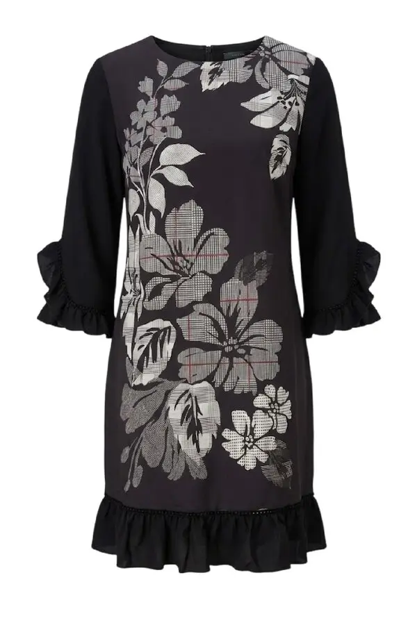 CONQUISTA Floral Print Shift Dress With Ruffle Details