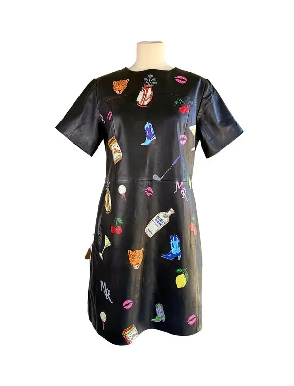 MAISON RUBAIYAT Leather Dress Hand Painted Pattern - Black