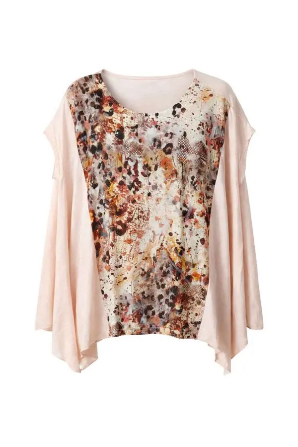 CONQUISTA Flowing Draped-sleeve Top With Artistic Print – Effortless Elegance & Modern Comfort - Orange