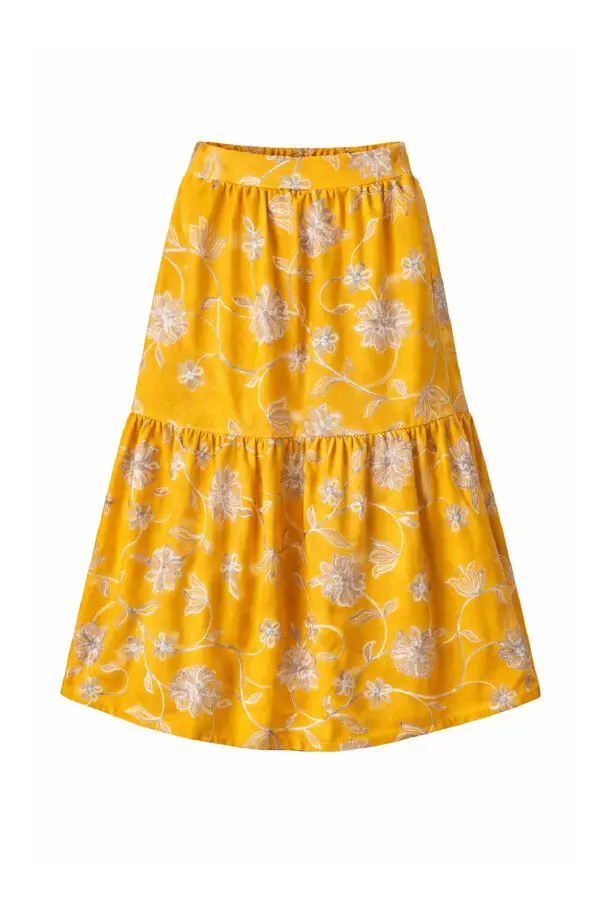 CONQUISTA Floral Print Tiered Midi Skirt - Yellow