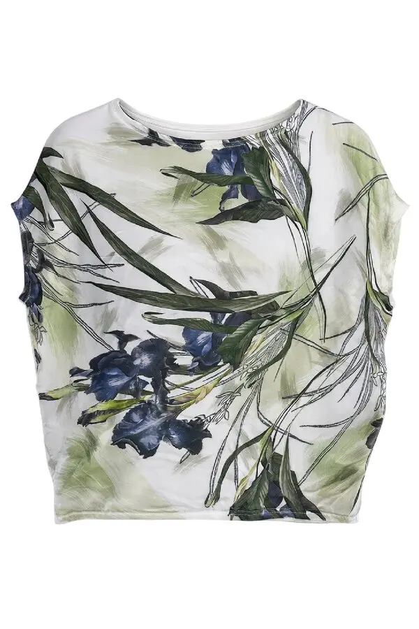 CONQUISTA Floral Print Short-sleeve Top With Soft Draped Fit - White