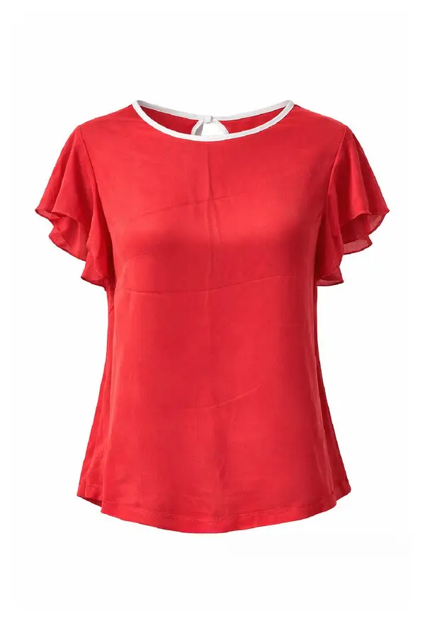 CONQUISTA Flowing Short-sleeve Top With Contrast Trim & Keyhole Back - Red