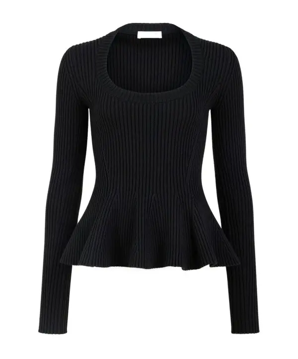 Alaïa Long-sleeved Ribbed Knit Peplum Sweater - Black