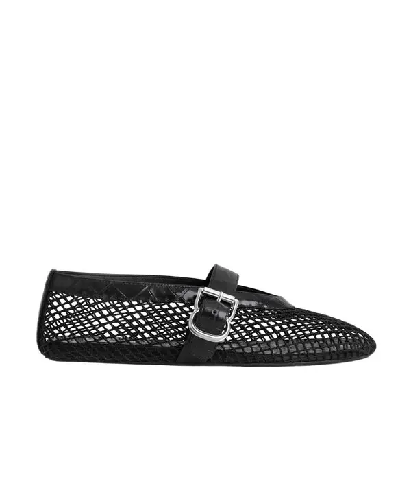 Alaïa Ballet Flats In Fishnet And Crocodile Embossed Calfskin - Black