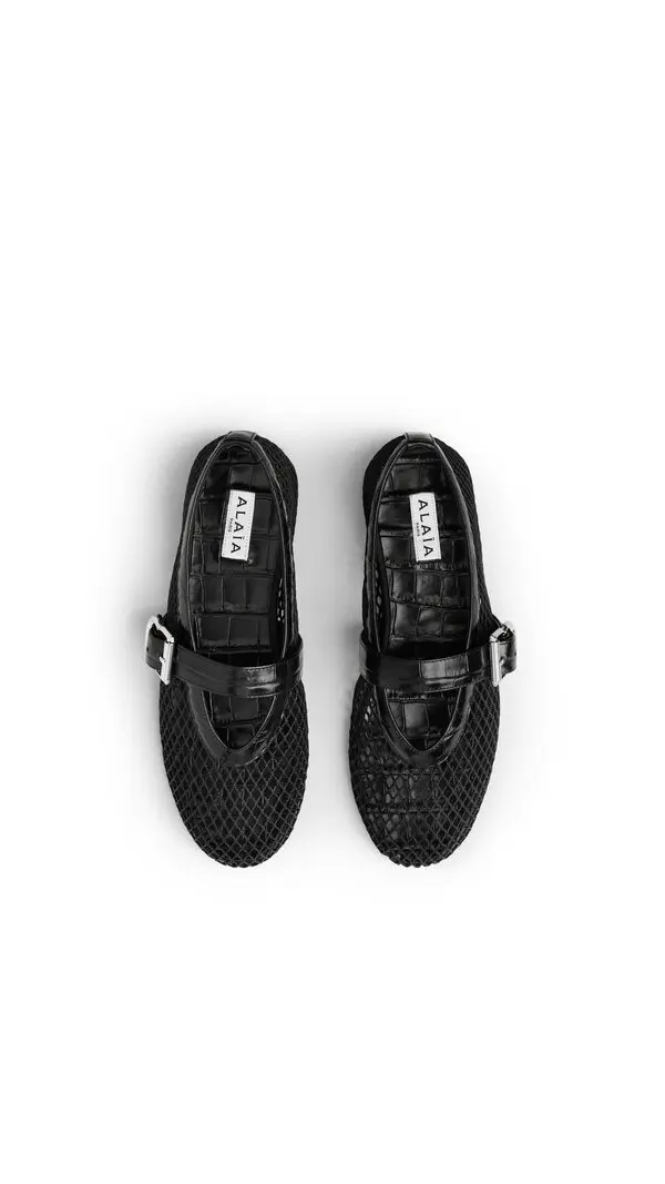 Alaïa Ballet Flats In Fishnet And Crocodile Embossed Calfskin