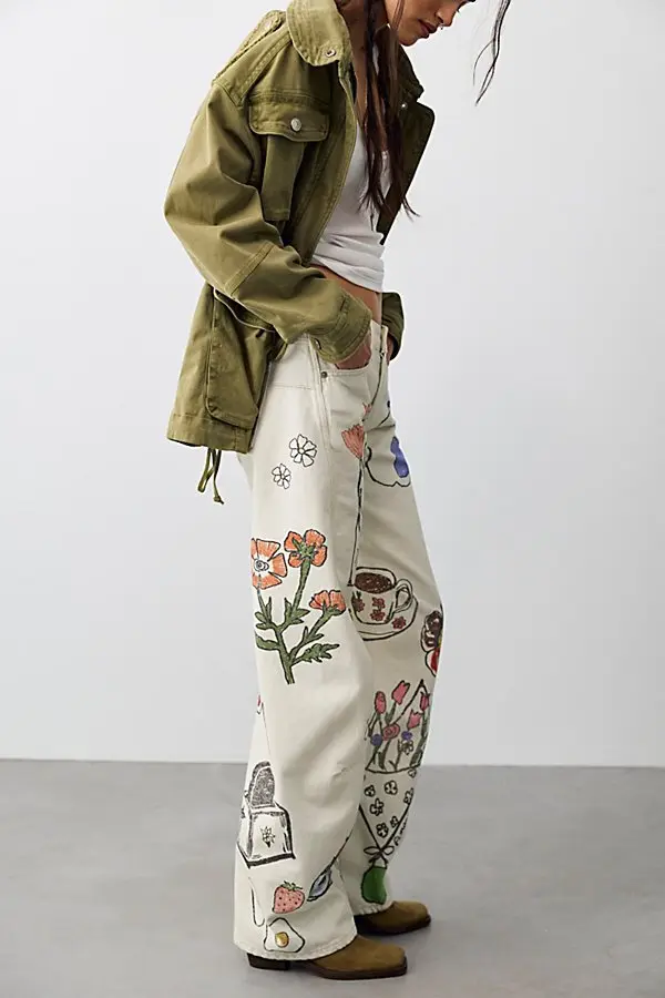 Free People We The Free Fable Printed Twisted Jeans - Cafe Combo