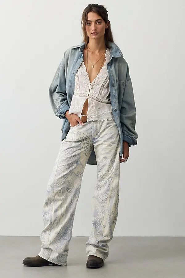 Free People Fable Printed Twisted Jeans - Cream Combo