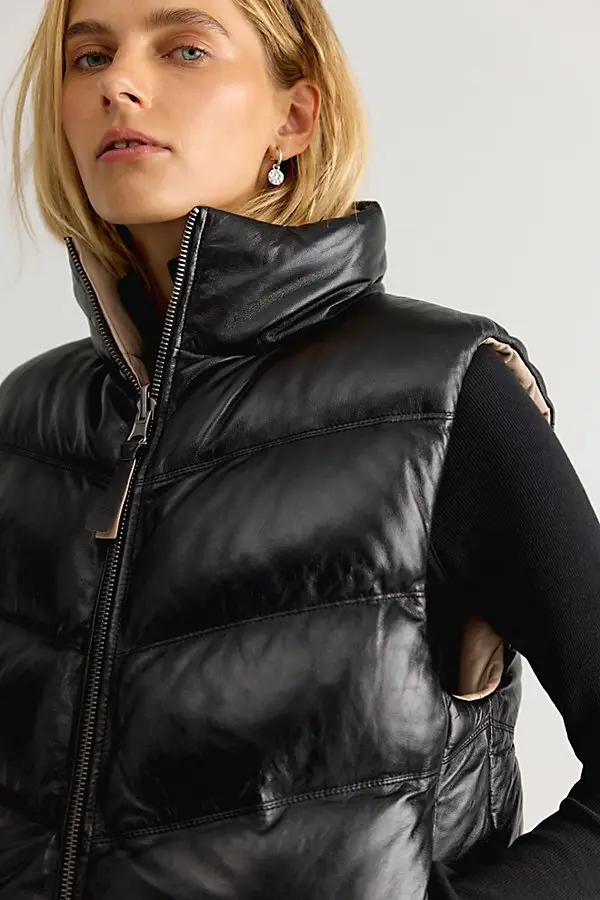 MAURITIUS LEATHER Mauritius Ellen Reversible Funnel-neck Leather Puffer Vest - Black