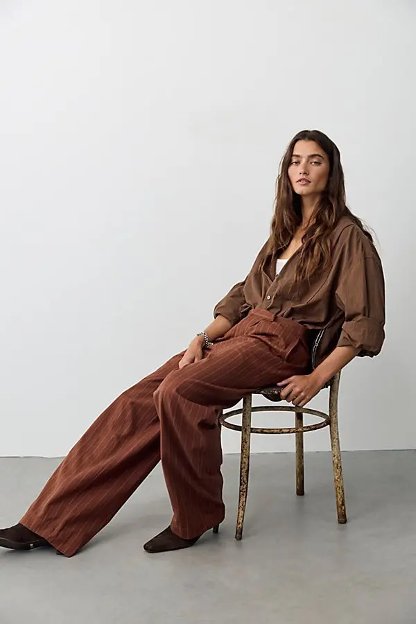 Free People Sketchy Pinstripe Trousers - Chocolate Combo