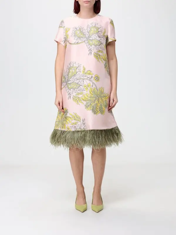 La DoubleJ Floral Print Silk Midi Dress With Feather Trim - Pink