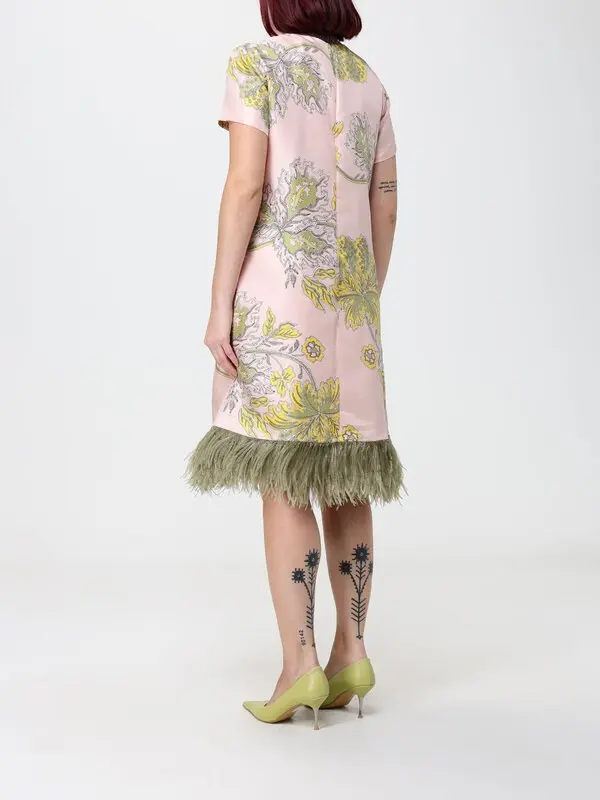La DoubleJ Floral Print Silk Midi Dress With Feather Trim - Pink